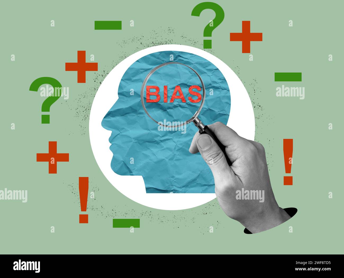Bias concept. Collage with a hand holding a magnifying glass and a ...