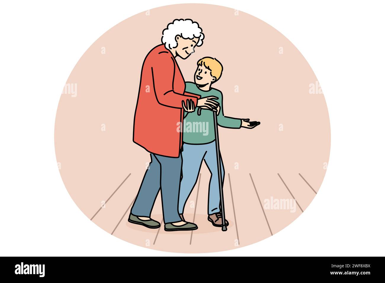 Caring little boy child helping mature grandmother cross road. Cute ...