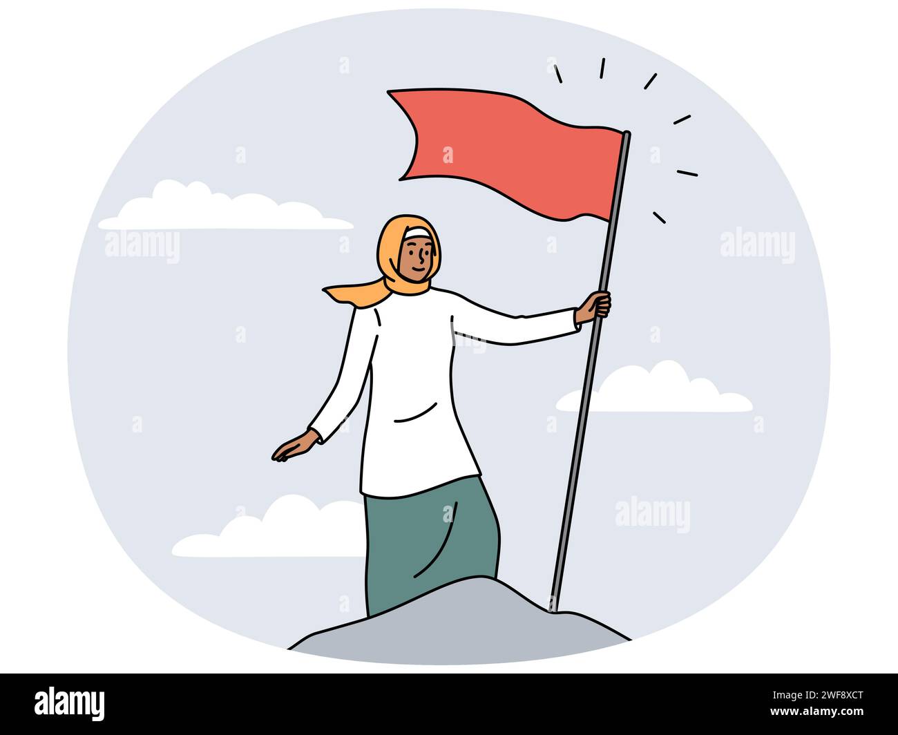 Smiling Arabic woman in hijab reach mountain peak put red flag on top ...
