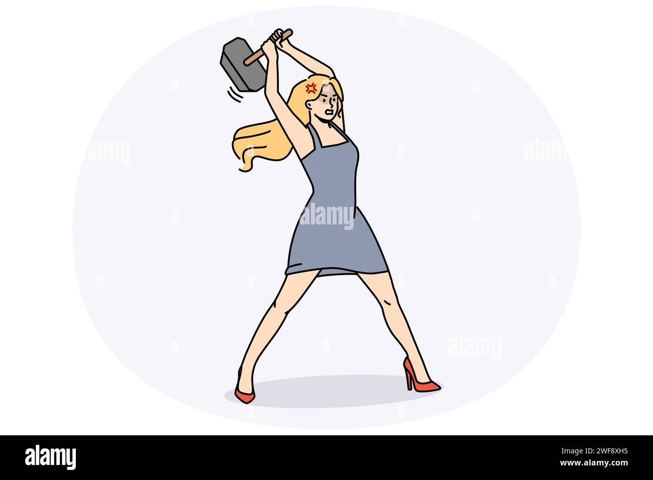 Furious woman with hammer in hands feel powerful and strong. Mad ...