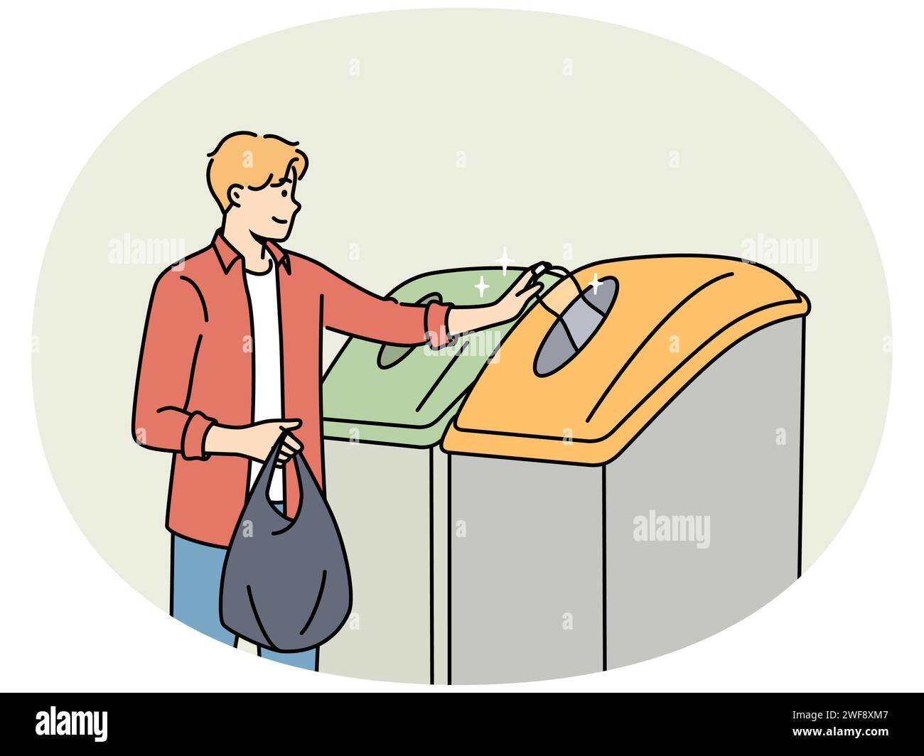 Man sorting garbage. Guy stand near bins sort trash and plastic in containers. Recycling and ...