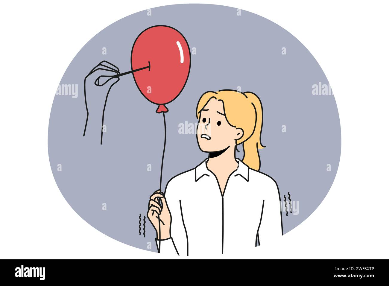 Huge hand pierce balloon with needle. Stressed female employee ...