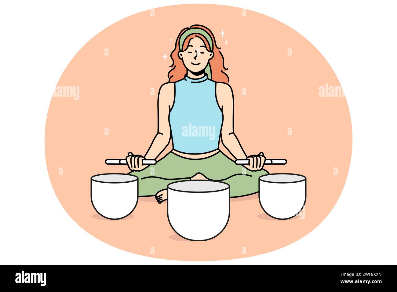 Calm woman sit in lotus pose meditate with singing bowls. Relaxed ...