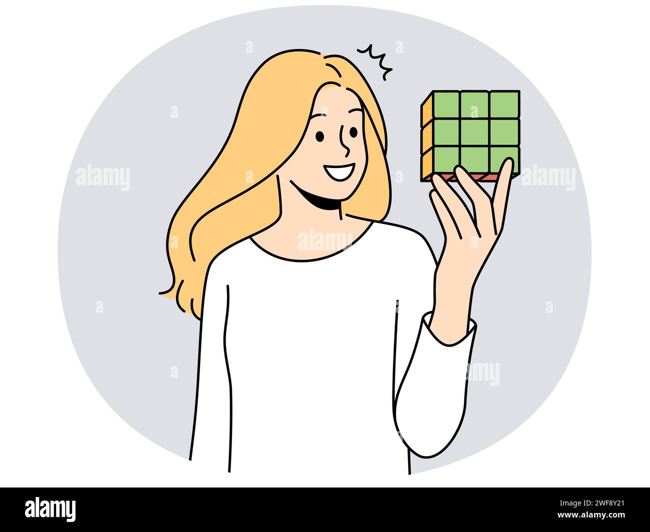 Smiling woman hold rubik cube. Happy girl solving logical game. Hobby and creativity. Vector ...