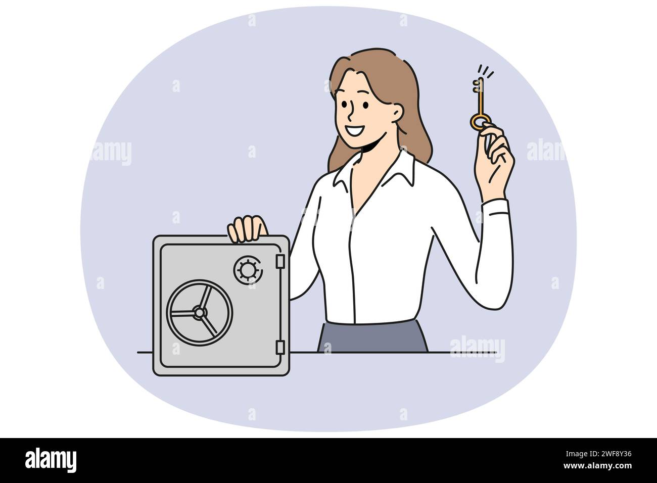 Smiling businesswoman with key standing near strongbox. Happy female ...