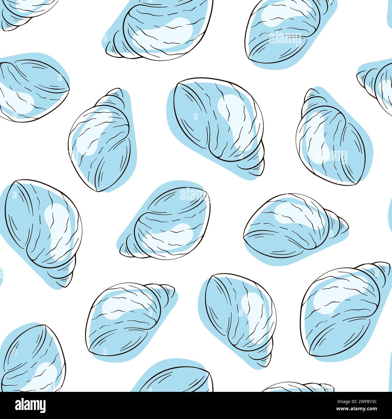 Seashell seamless pattern in line art style with blue color. Undersea ...