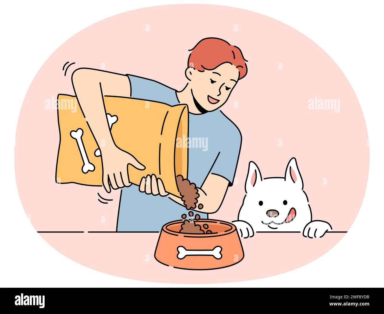 Smiling man giving food from package to excited dog. Happy guy feed pet ...