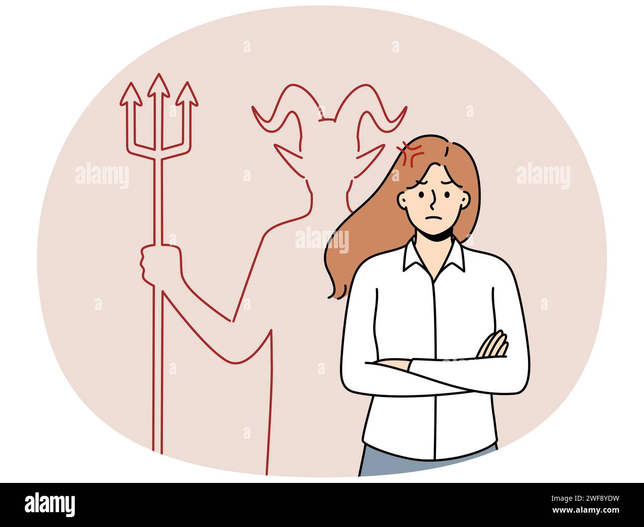 Angry businesswoman with devil behind back. Mad female employee or ...