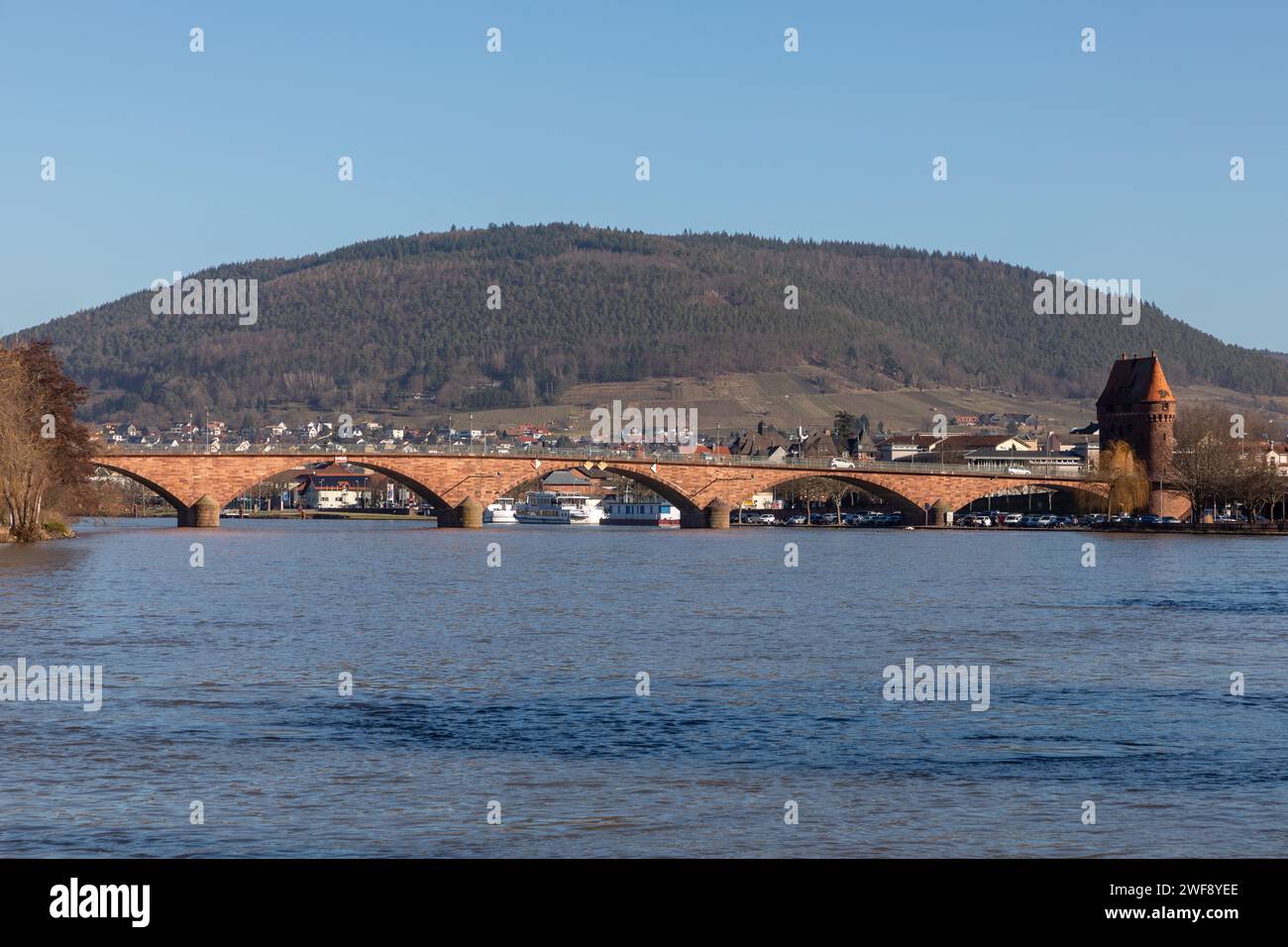 old historic brick bridge spanning river Main in Marktheidenfeld ...