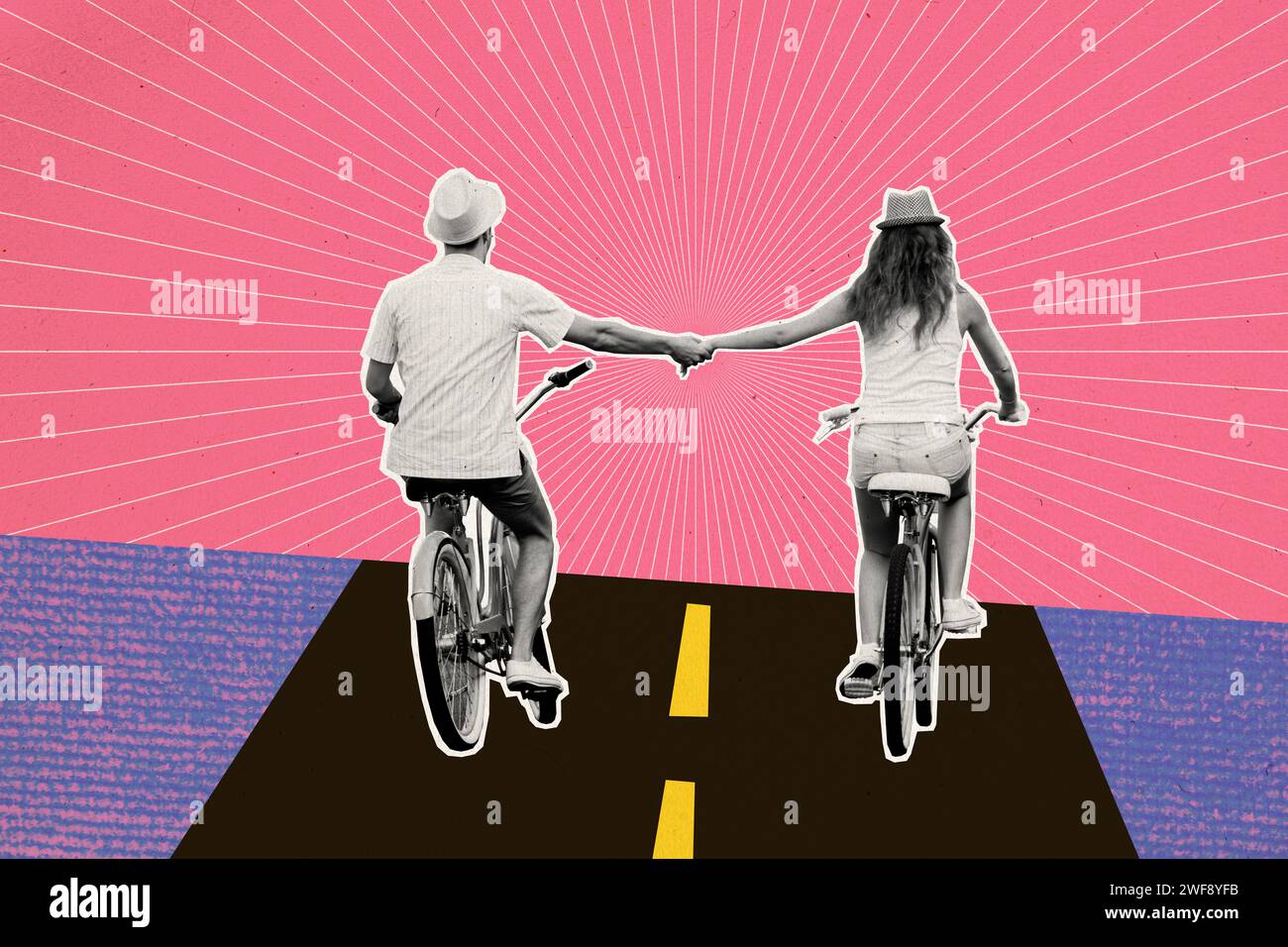 Artwork collage image of two idyllic black white effect partners hold ...