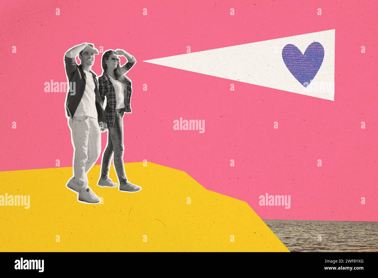 Collage picture of two peaceful black white colors partners hold arms ...