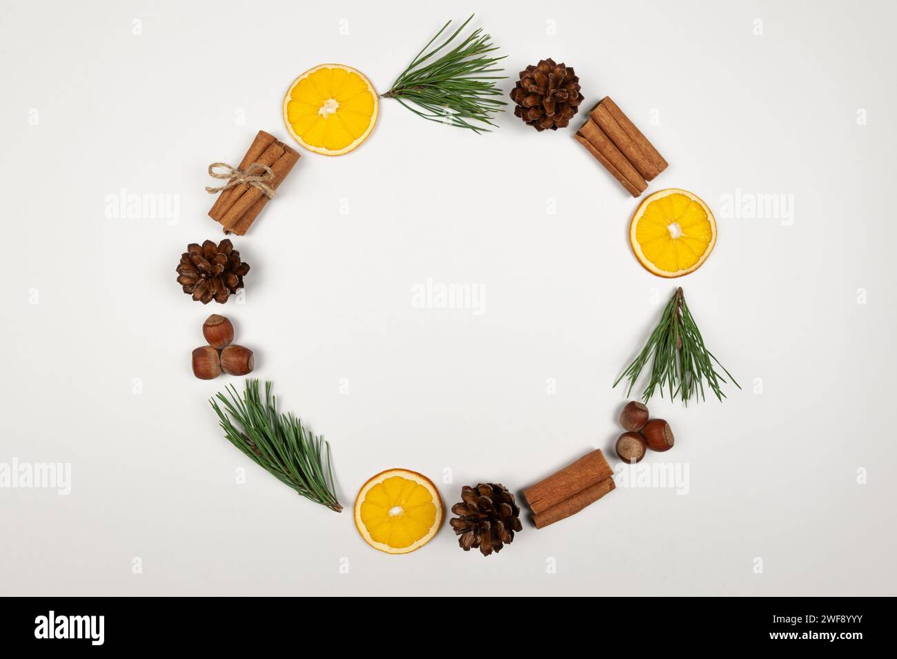 Christmas composition, circle, dried orange slices, fir tree branches ...