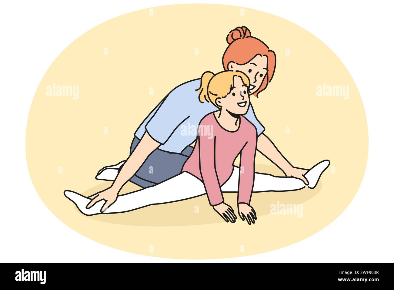 Female trainer help little girl with stretching on training. Woman ...