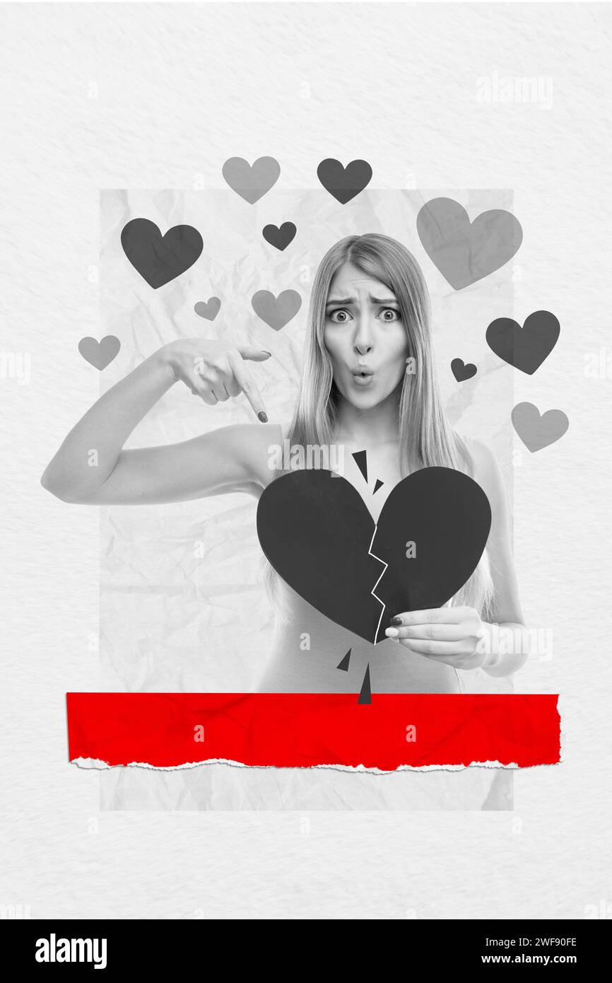 Vertical collage picture of impressed black white colors girl point ...