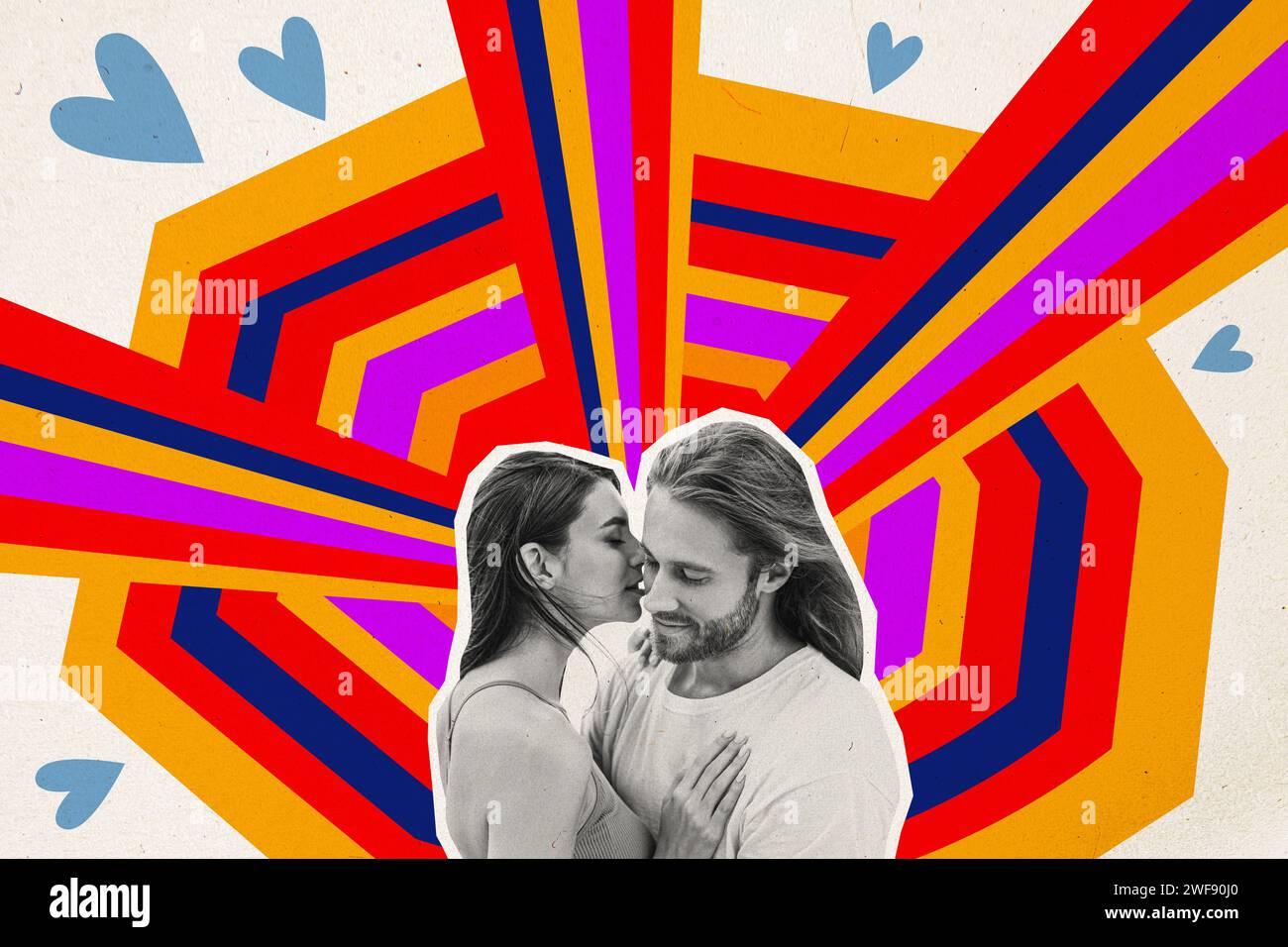 Creative collage of two peaceful black white effect partners embrace ...