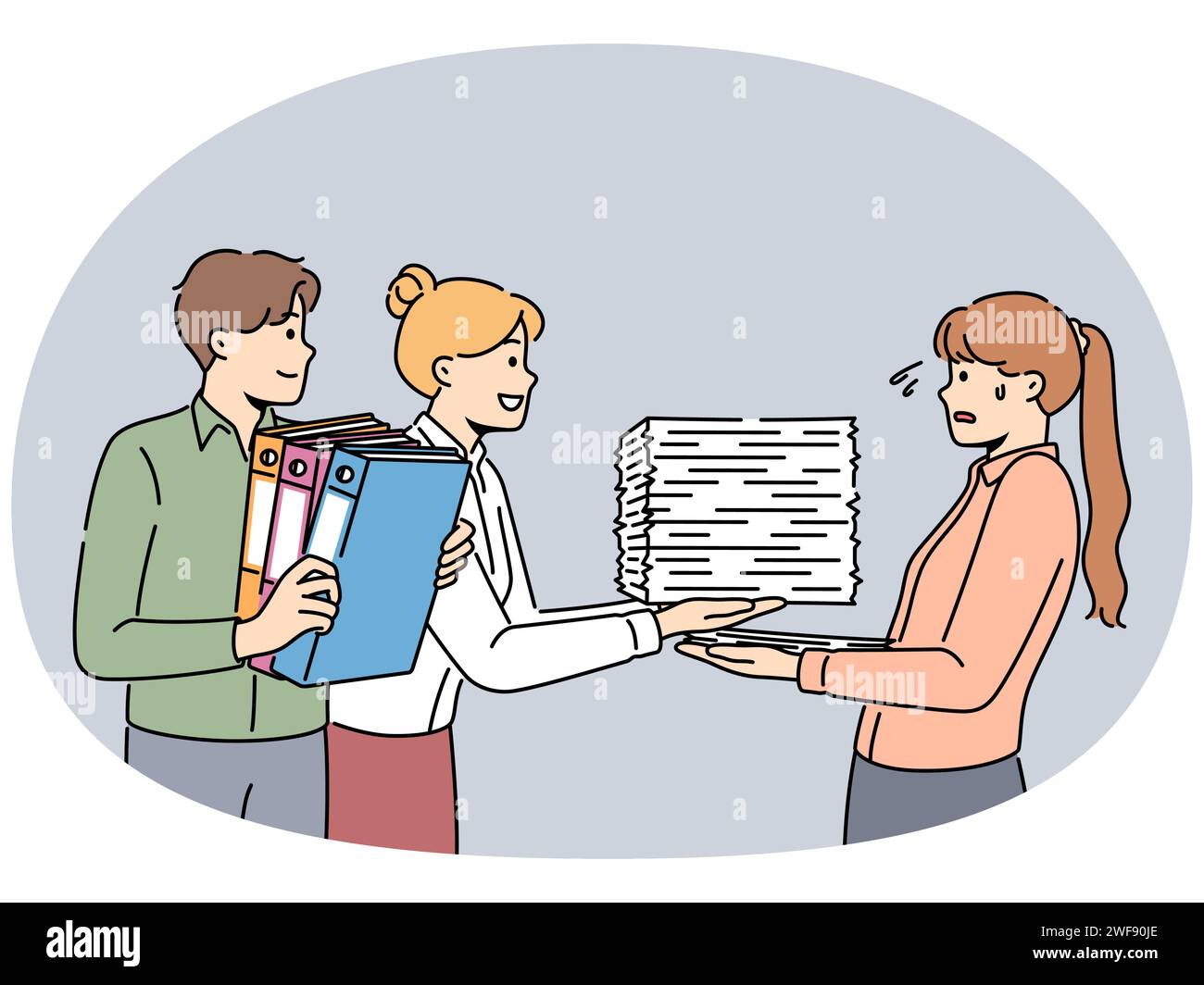 Smiling employees give stacks of paperwork to stressed subordinate ...
