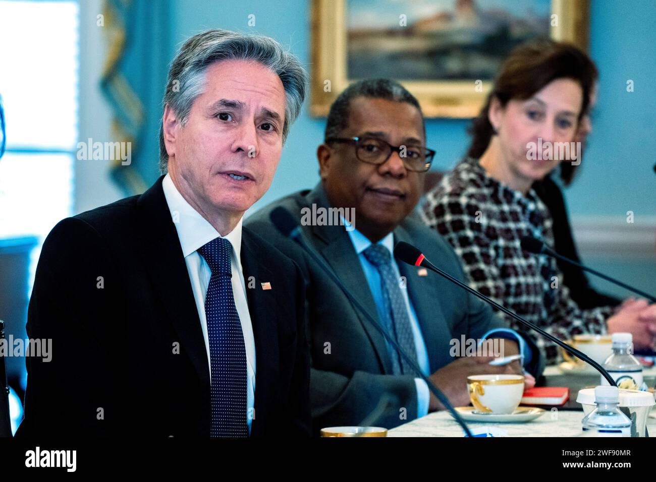 Secretary of State Antony Blinken, left, speaks during a meeting with ...
