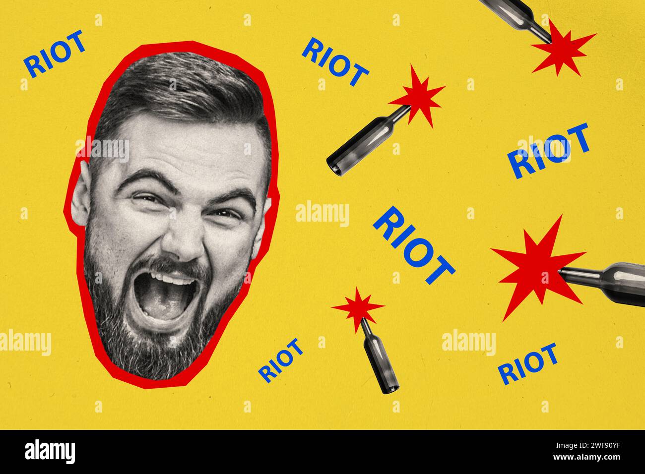 Creative collage banner picture young shouting screaming loud man riot ...