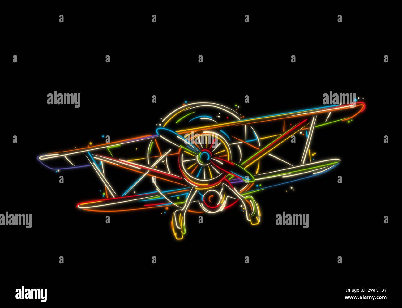 Biplane front view sketch, stylized vector hand drawing in colors over ...