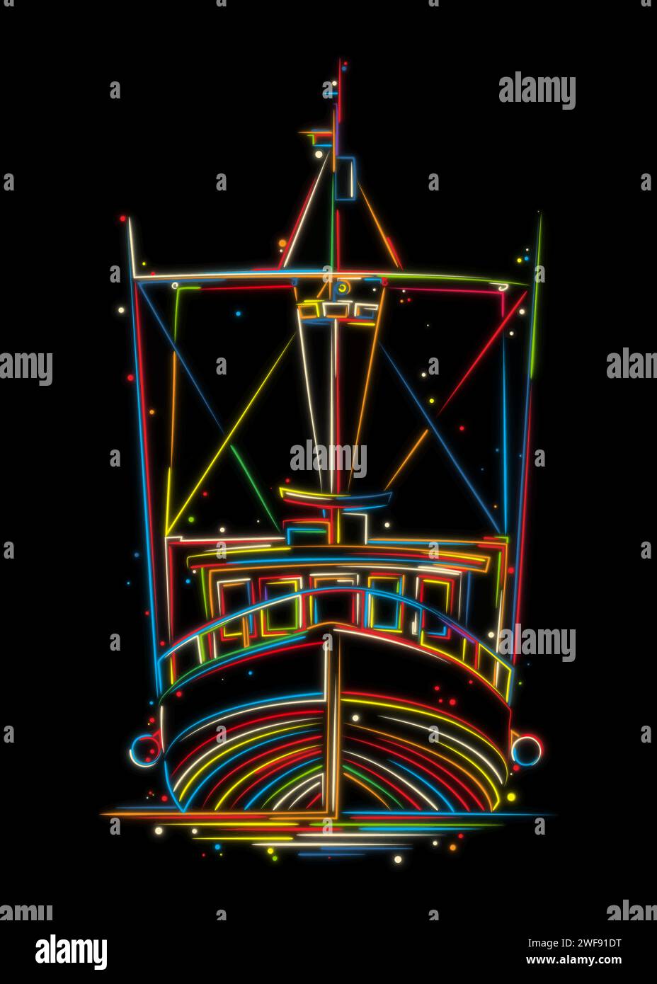 Front view of a fishing vessel, trawler or ship tug in colors over ...