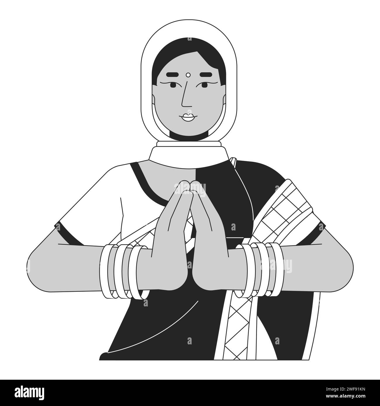 Traditional indian woman namaste black and white 2D line cartoon character Stock Vector Image ...