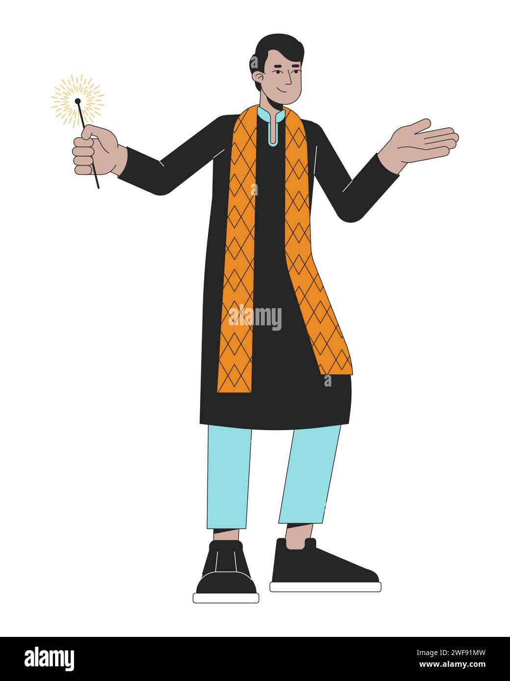 Traditional indian kurta young man with bengal light 2D linear cartoon ...