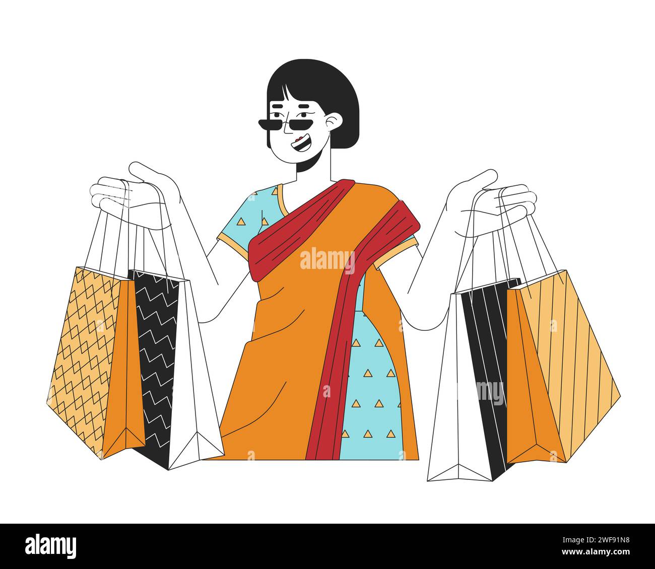 Korean woman celebrating Diwali with gift bags 2D linear cartoon ...