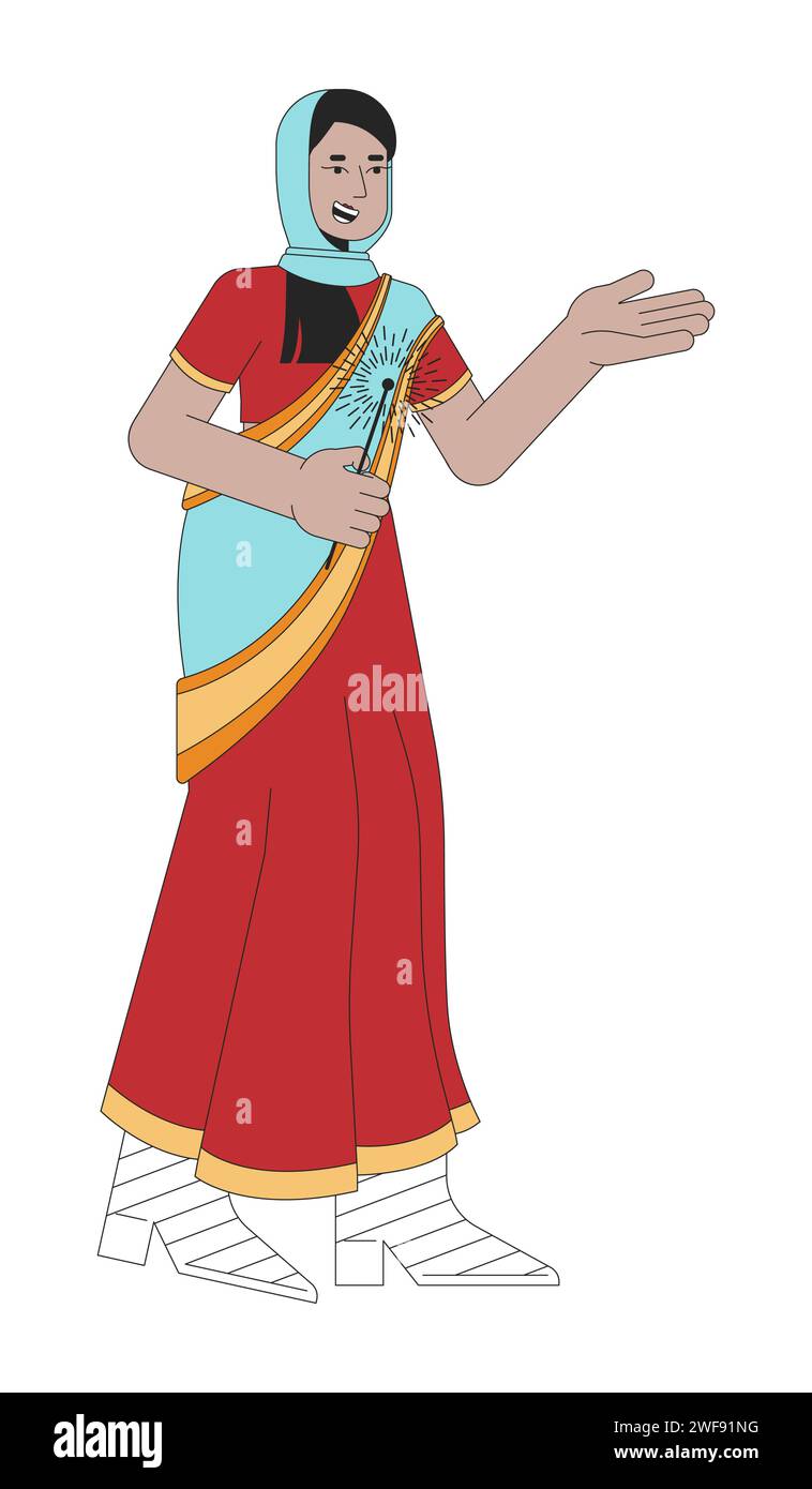 Islamic hijab smiling woman with bengal light 2D linear cartoon ...