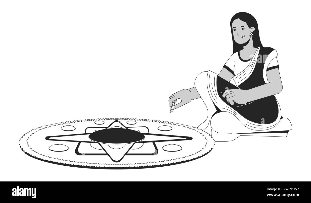 Young Indian Woman Making Muggu Black And White 2d Line Cartoon
