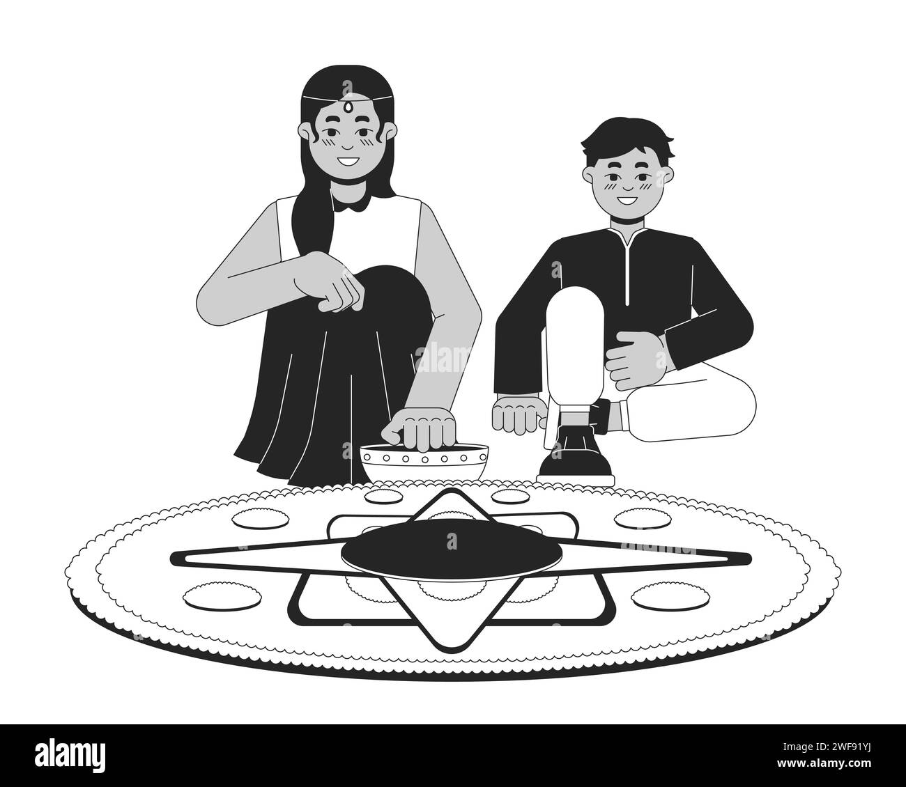Indians siblings making rangoli black and white 2D line cartoon ...