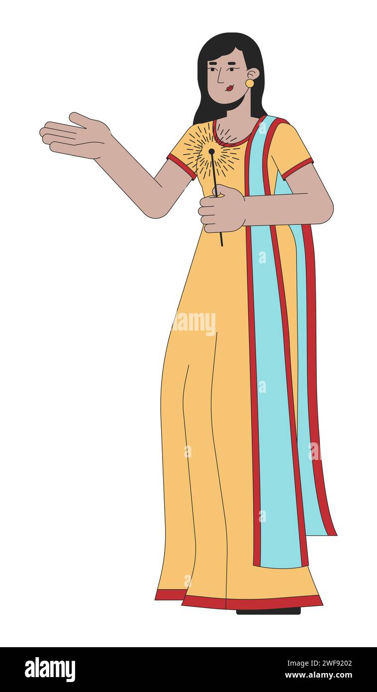 Greeting south asian woman with bengal light 2D linear cartoon ...
