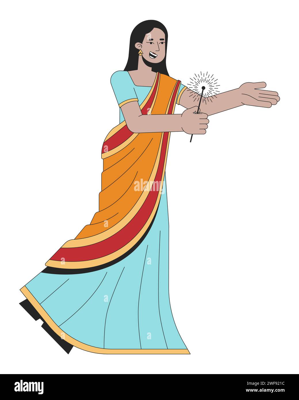 Sari wearing happy woman with bengal light 2D linear cartoon character ...