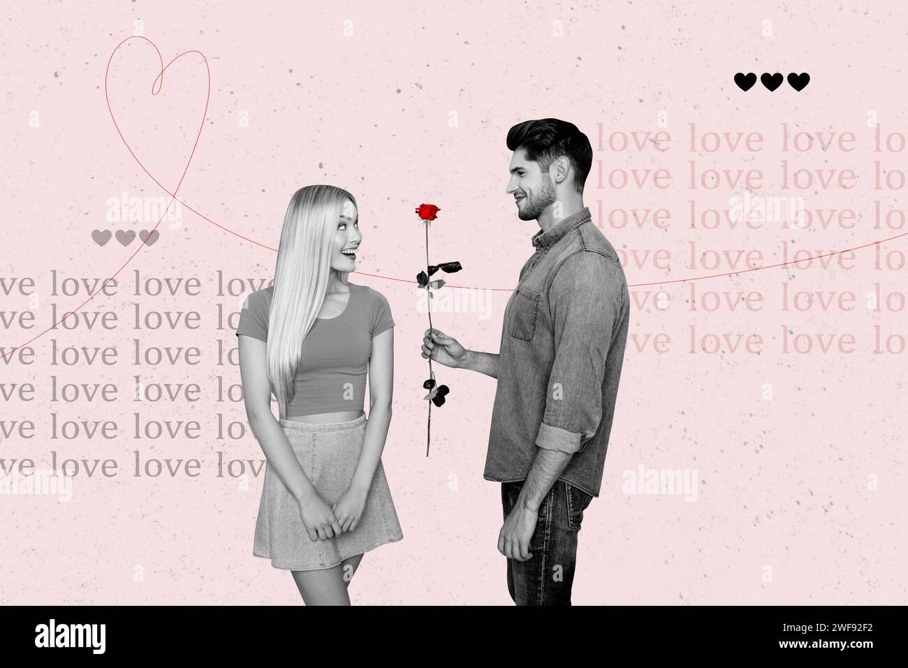 Horizontal photo collage of young couple black white effect boyfriend ...