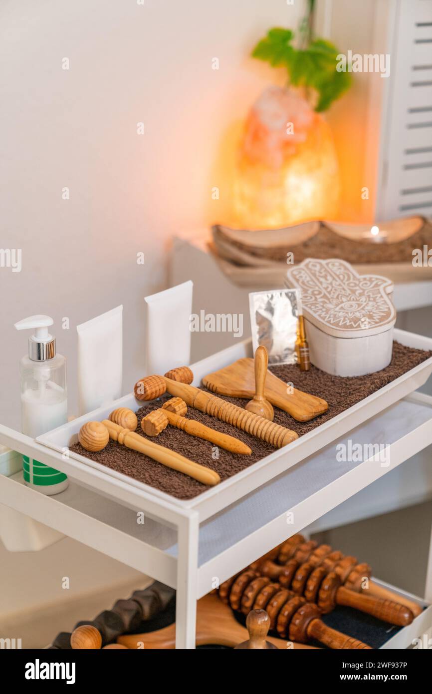 Some instruments for facial wood therapy treatment Stock Photo - Alamy
