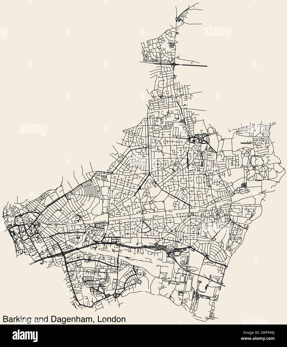 Street roads map of the BOROUGH OF BARKING AND DAGENHAM, LONDON Stock ...