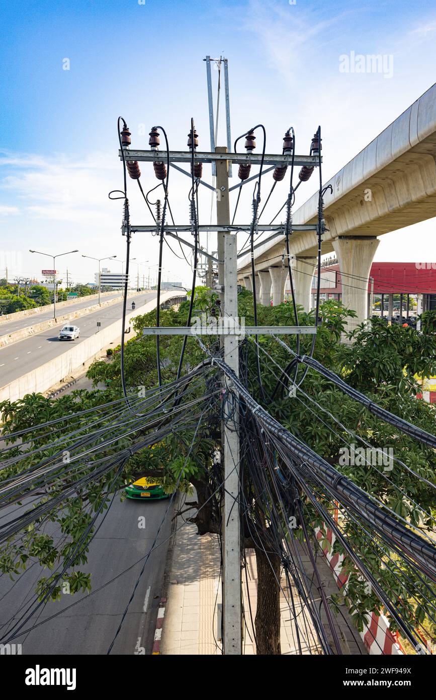 An aerial perspective capturing the presence of power lines and wires ...