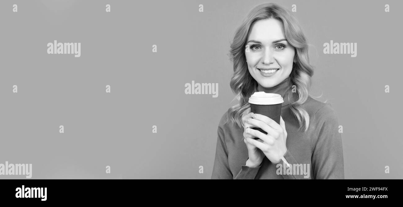 Caffeine gets me excited. Happy woman hold cup grey background ... Caffeine gets me excited. Happy woman hold cup grey background ...