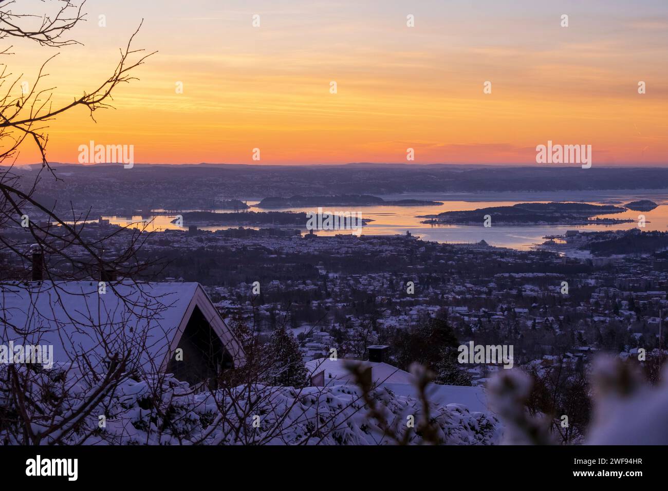 Snow over Oslo, Norway, in the winter, fjord in distance Stock Photo ...