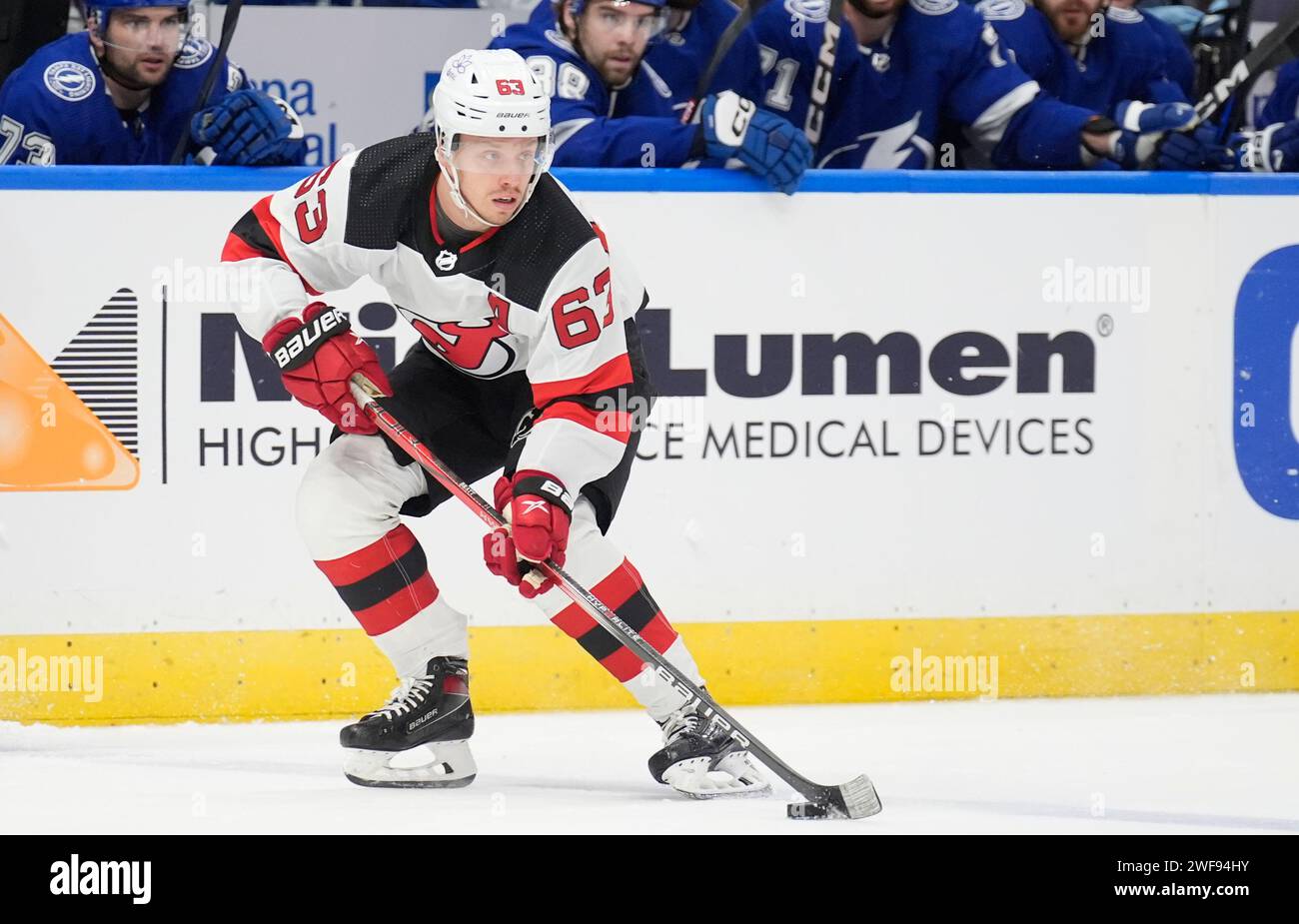 New Jersey Devils left wing Jesper Bratt (63) against the Tampa Bay ...