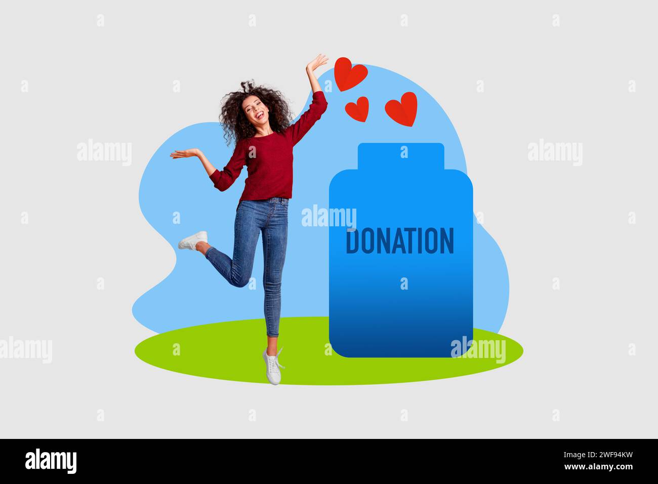 Creative collage photo collage young cheerful happy girl donate glass ...