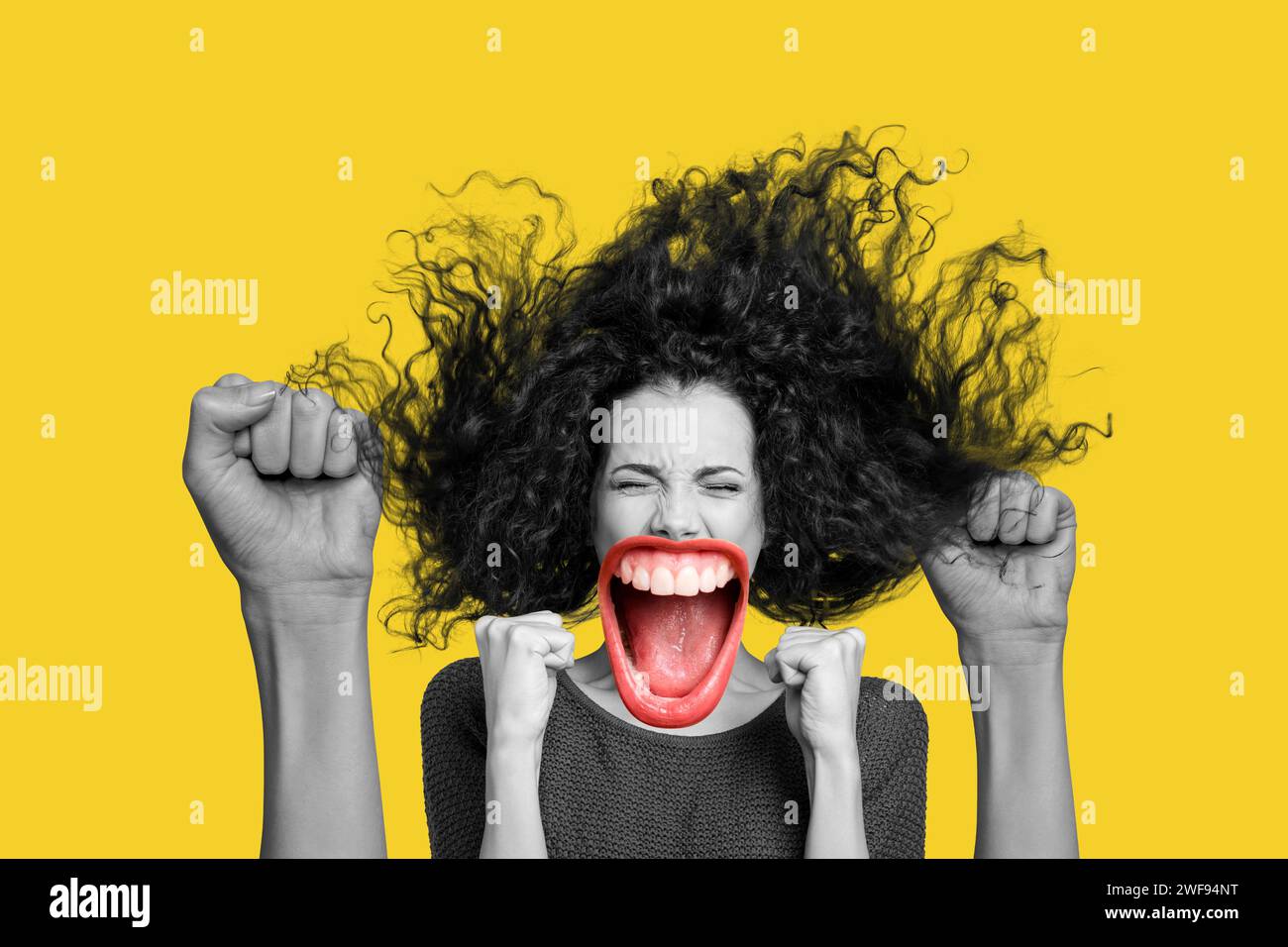 Creative photo collage young cheerful happy excited winner girl triumph ...