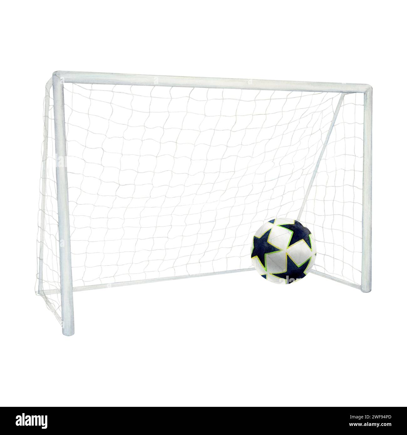 Soccer football ball goal net watercolor drawing. Gate mesh sports gear ...
