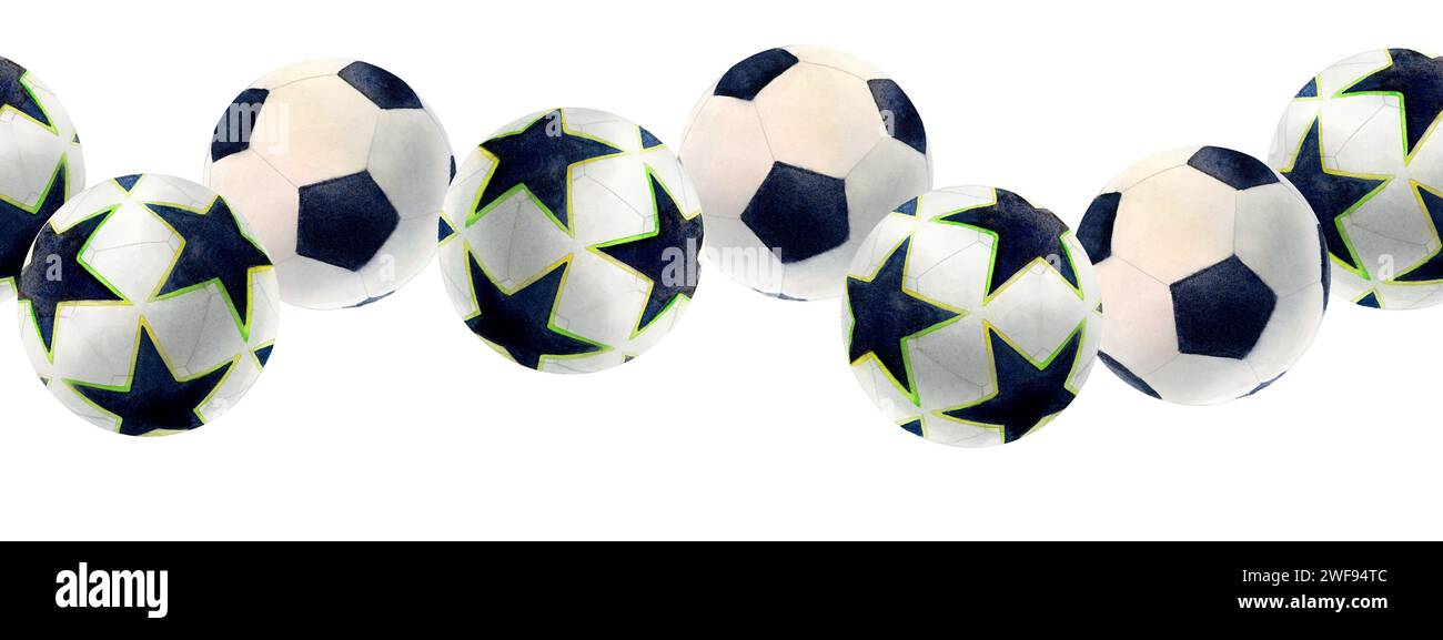 Soccer football border watercolor drawing. Seamless sports gear train ...