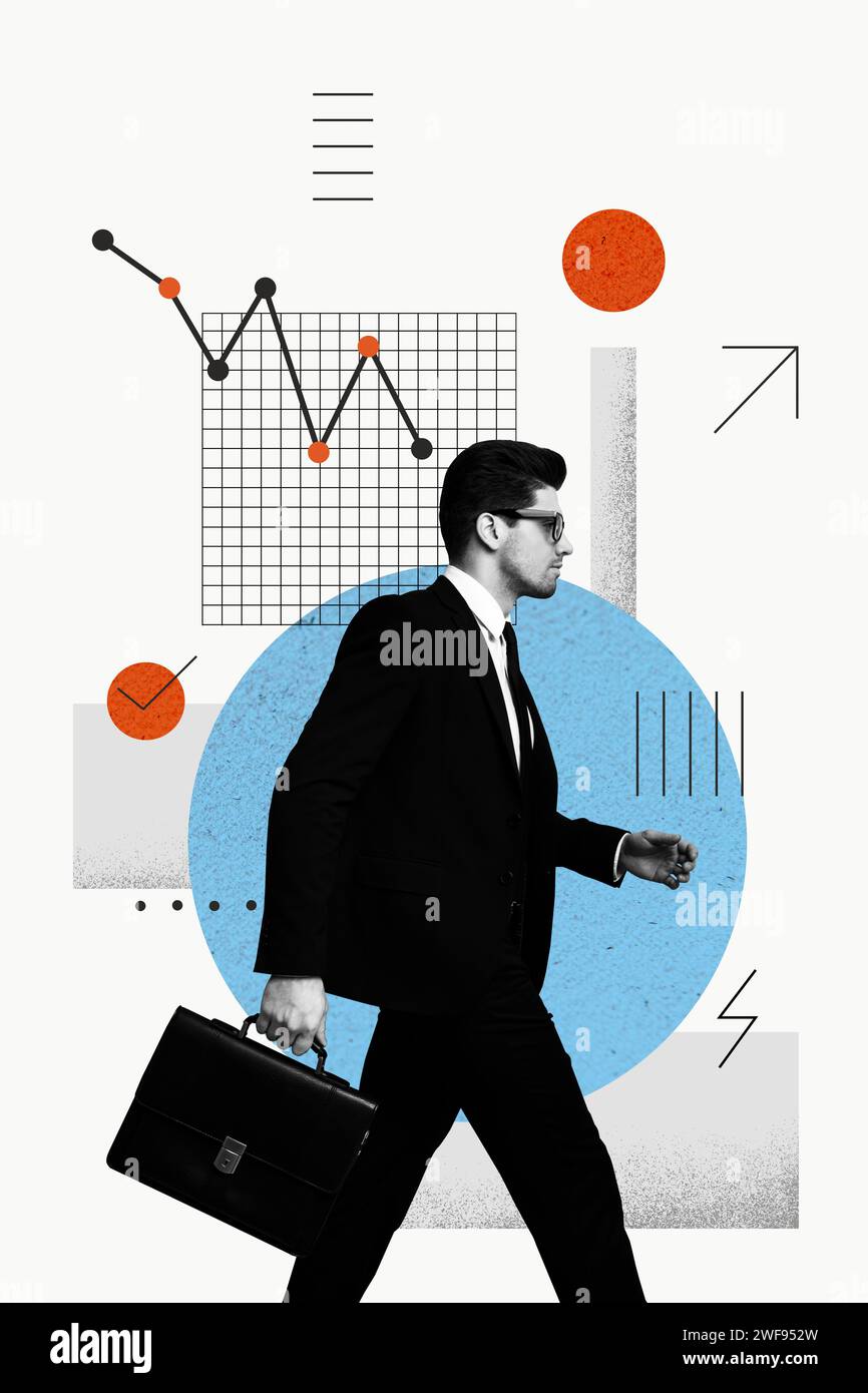 Collage artwork of young business man wearing formal suit steps with ...