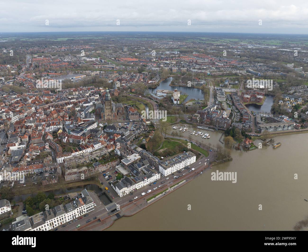 Aerial overview of the city of Zutphen, along the river Ijssel in ...
