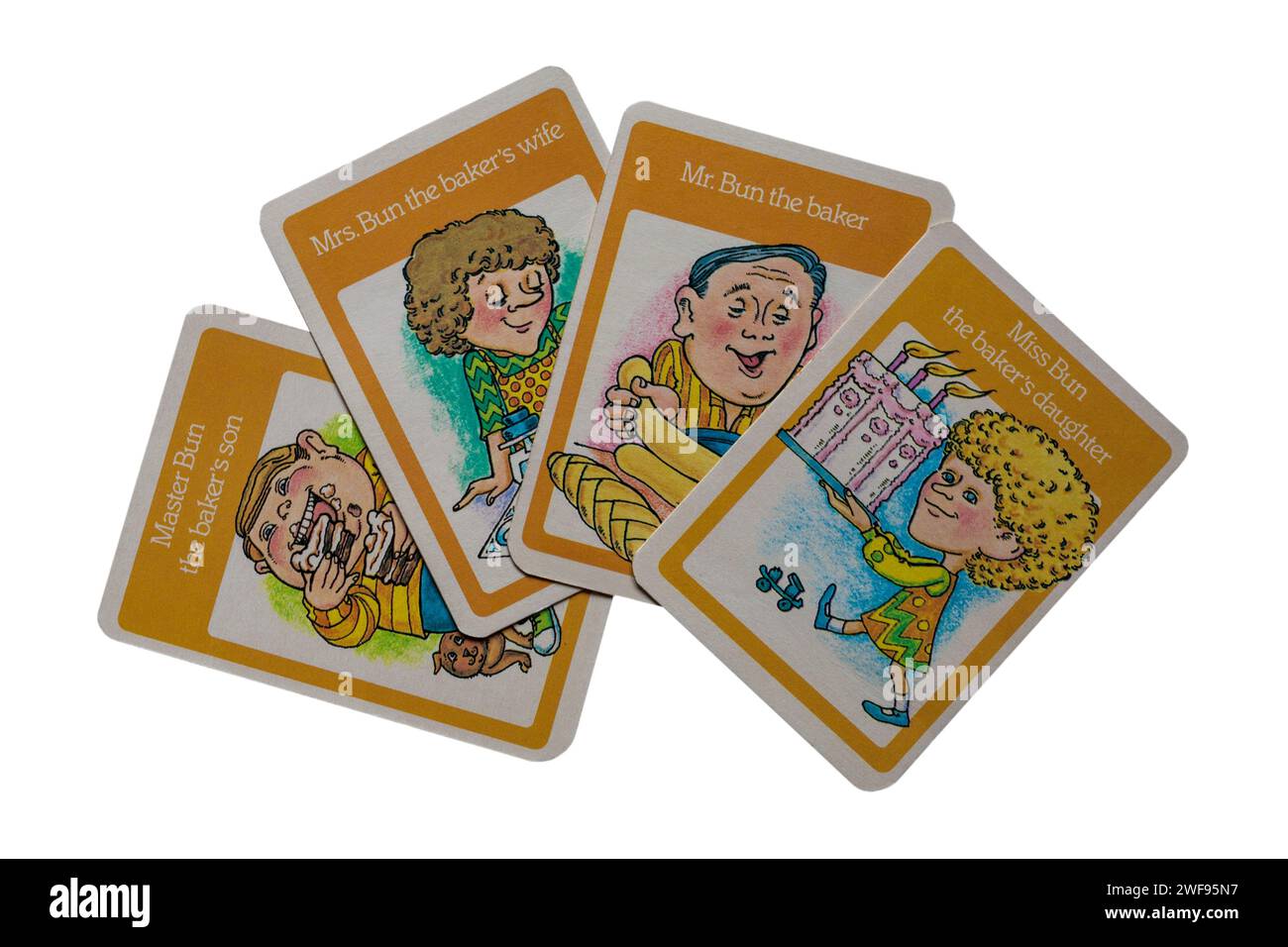 old retro Happy Families playing cards isolated on white background - the Bun family, Mr Bun the ...