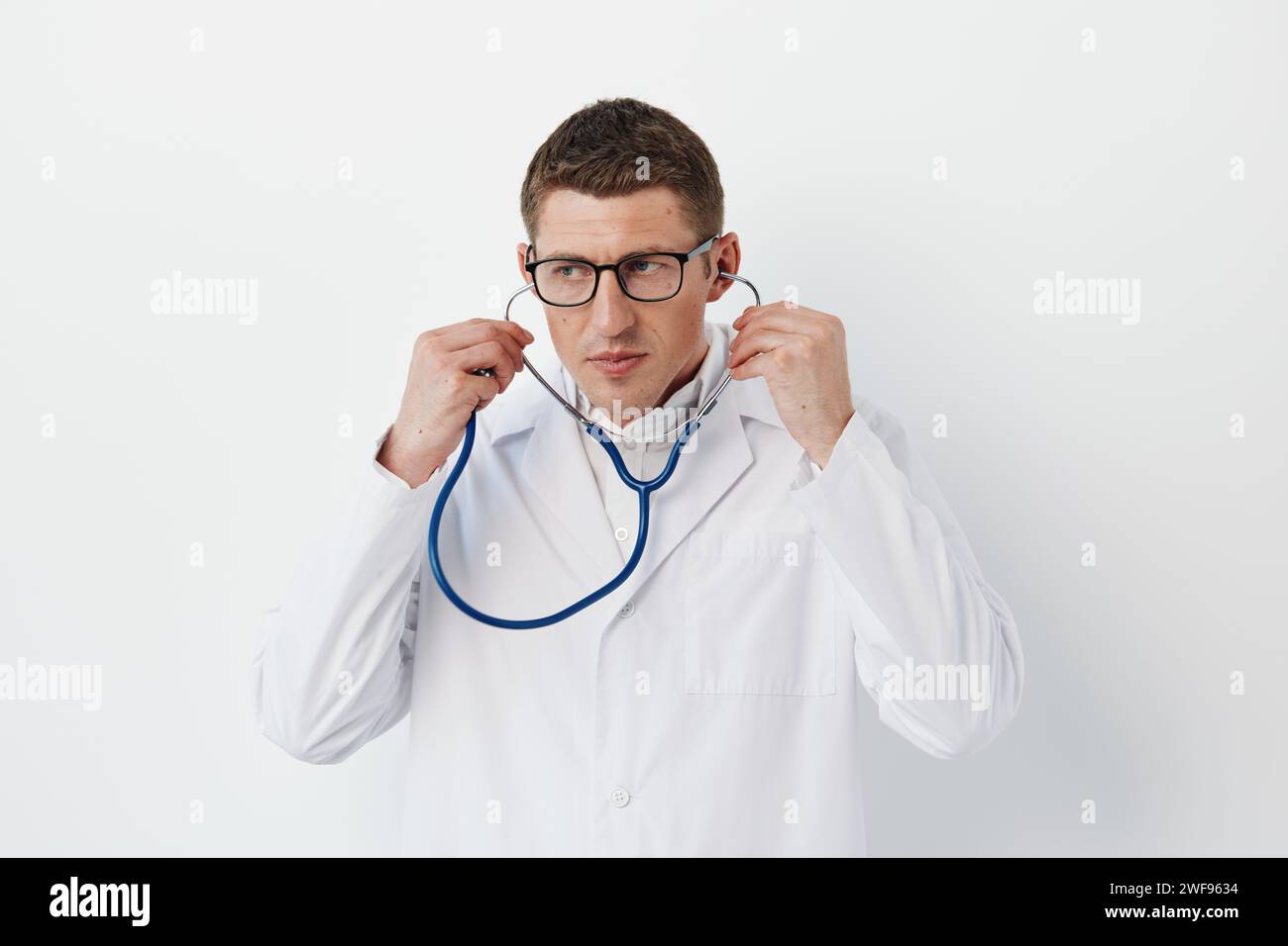 White man stethoscope background doctor medic person health uniform ...