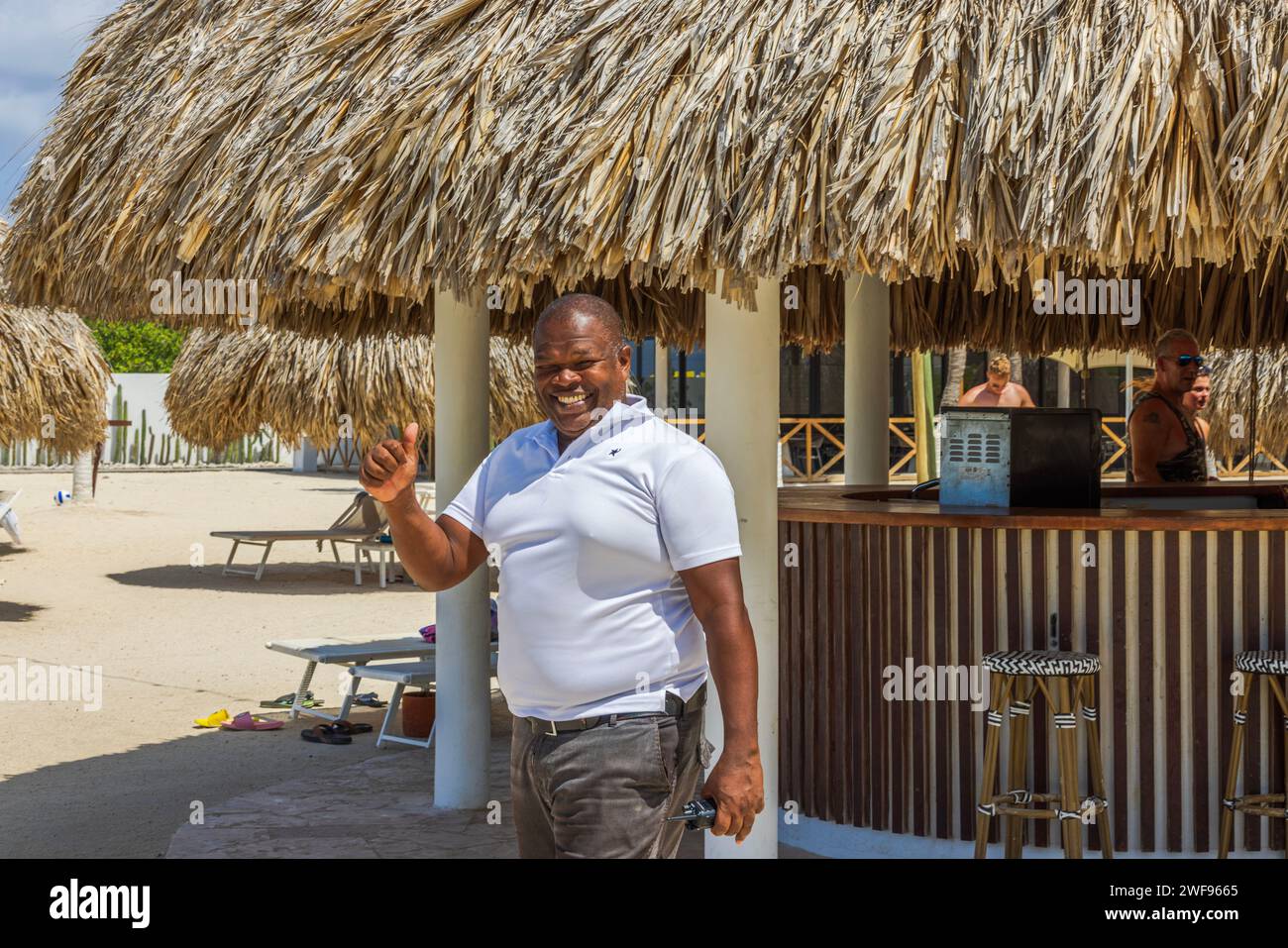 Cheerful hotel staff member near beachside restaurant, warmly smiling ...