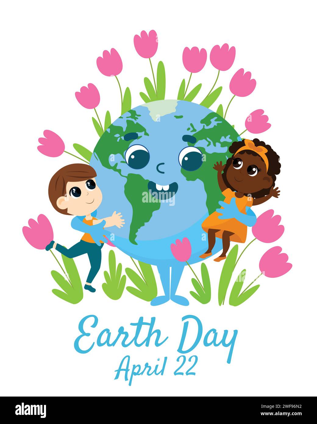 The Earth with a cheerful face embraces an international boy and girl ...