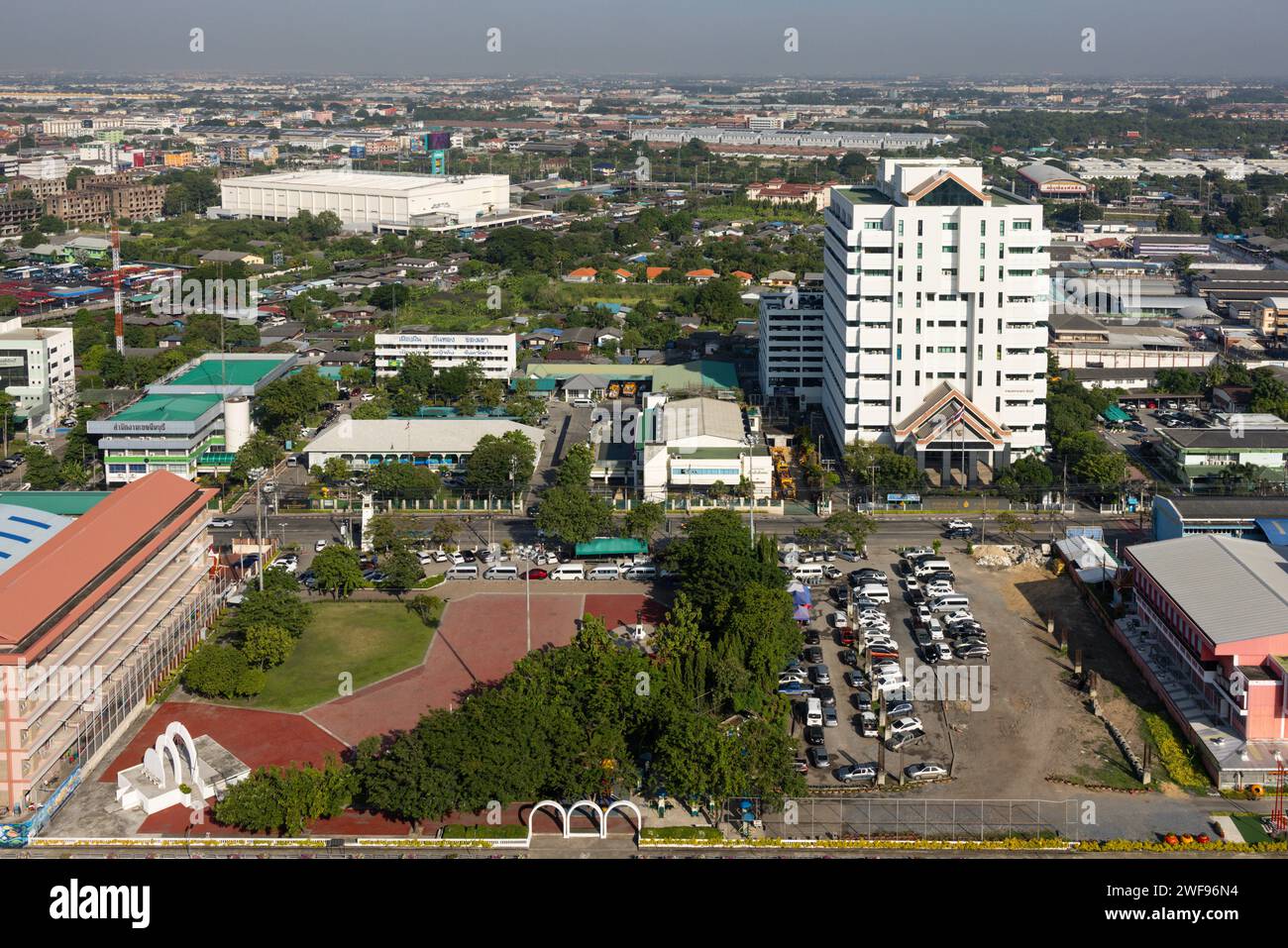 This aerial photograph showcases a sprawling cityscape filled with ...
